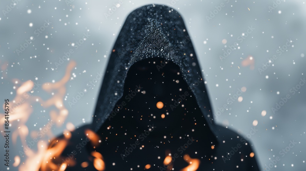 Hooded priest in dark attire walking away on a stark white background ...