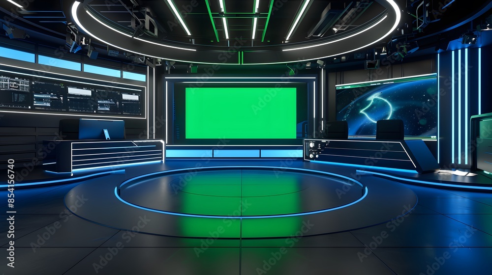 A modern virtual TV studio set designed for news broadcasting. Features ...