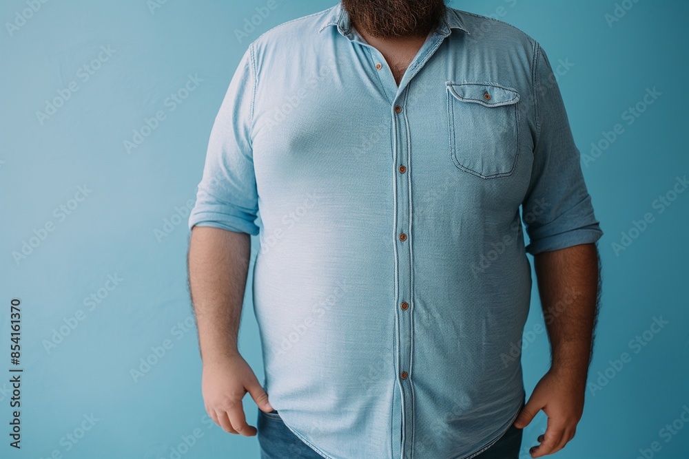 Overweight man in a tight shirt on a light blue background, Embracing ...