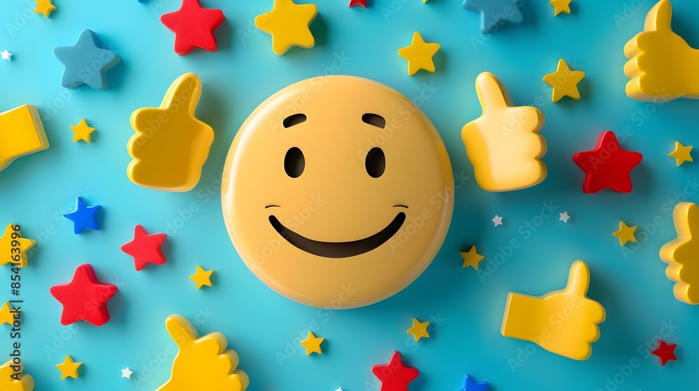 A smiley face surrounded by thumbs-up gestures, stars, and happy ...