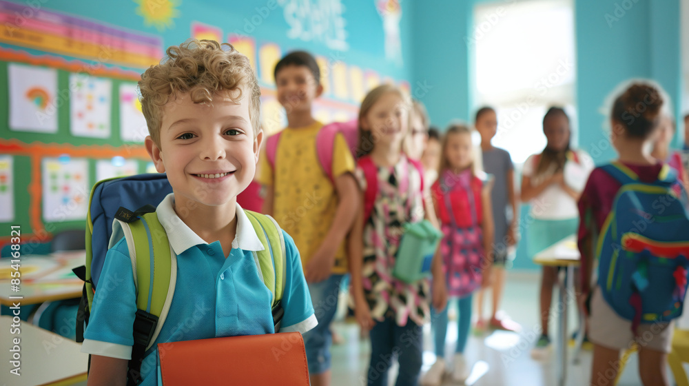 elementary school kids at first day of school, happy and excited to ...