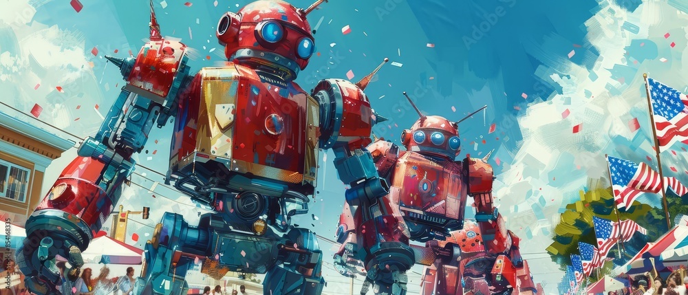 Fourth of July parade featuring android robots, red white and blue ...