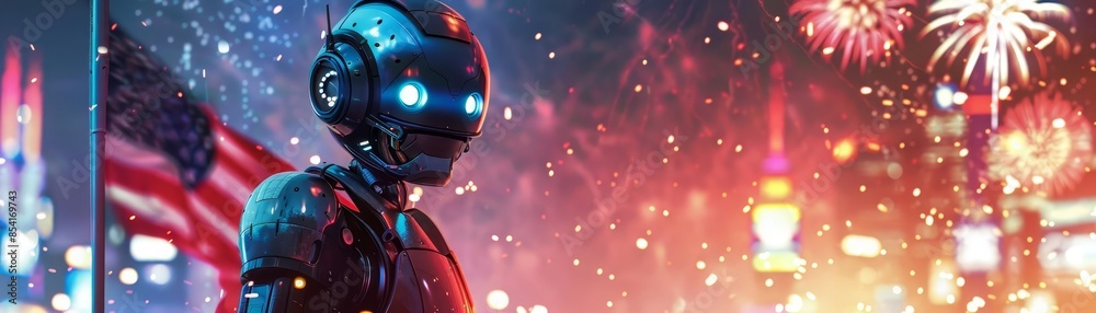 Android robot celebrating Fourth of July with fireworks and American ...