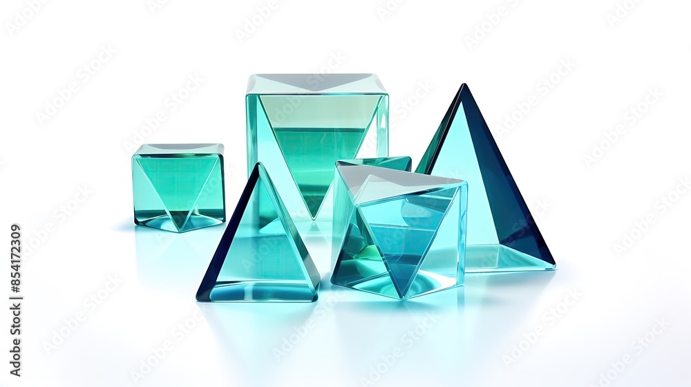 3D rendering of a set of geometric shapes made of glass. The shapes are ...