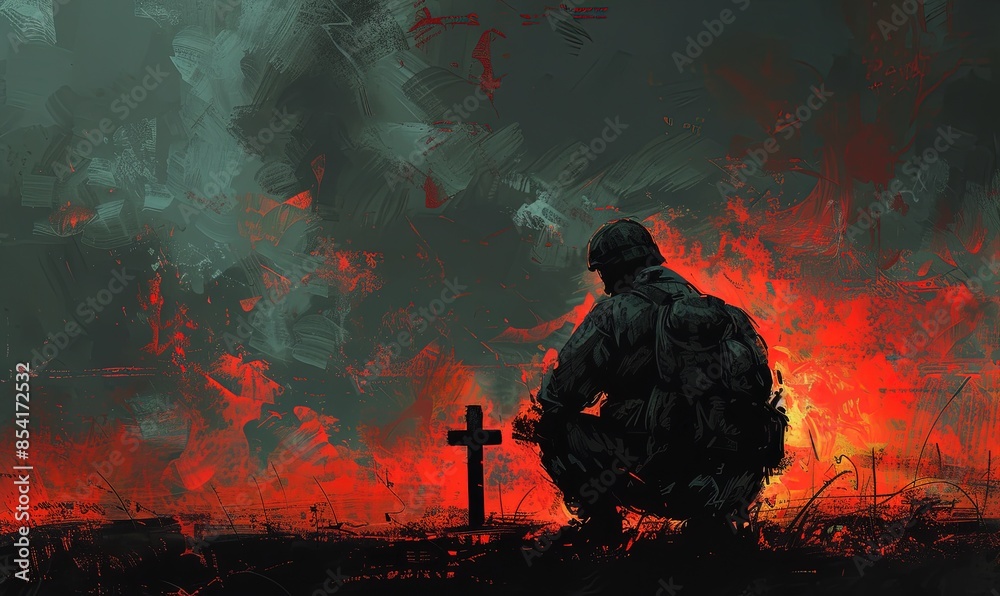 Christian soldier praying with cross in the background. Digital ...