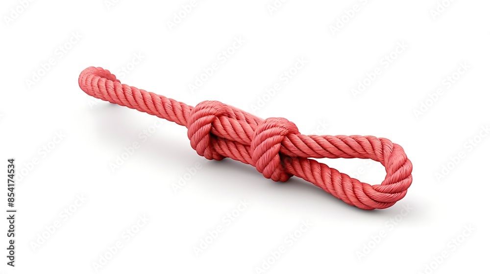 Red rope tied in a knot isolated on white background. The knot is a ...