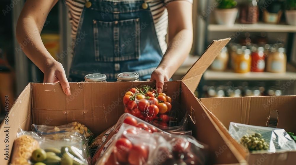 compassionate woman packing grocery donation box for underprivileged ...