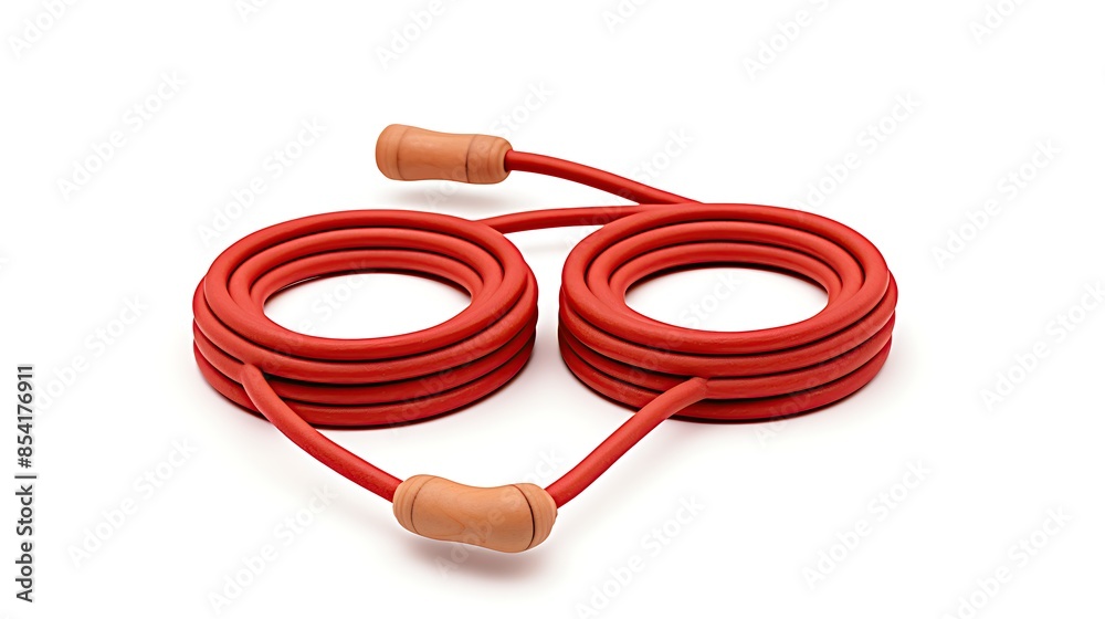 Red jump rope made of rubber with wooden handles. It is coiled up on a ...
