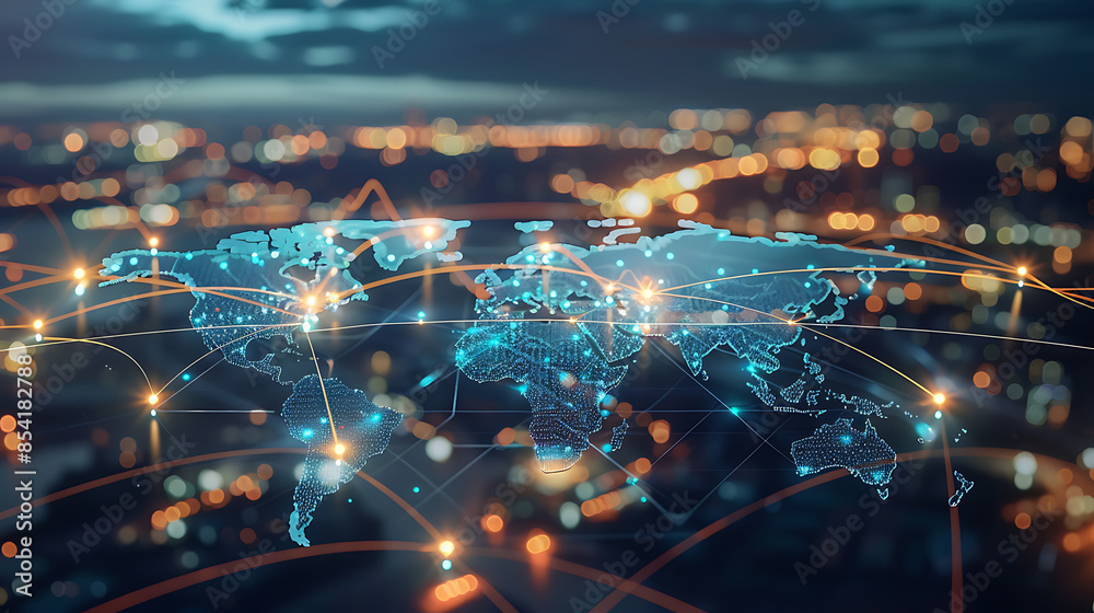 Global business network with world map and connecting flight paths ...
