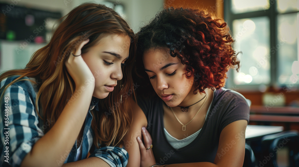 Teenage girl showing friendship and support by consoling her sad ...
