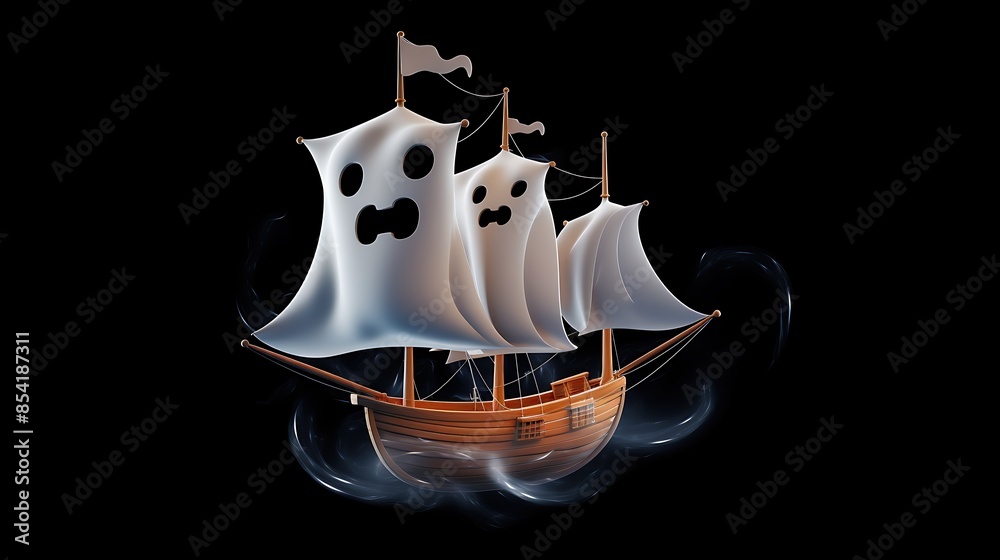 3D rendering of a ghost ship with white sails. The ship is floating in ...