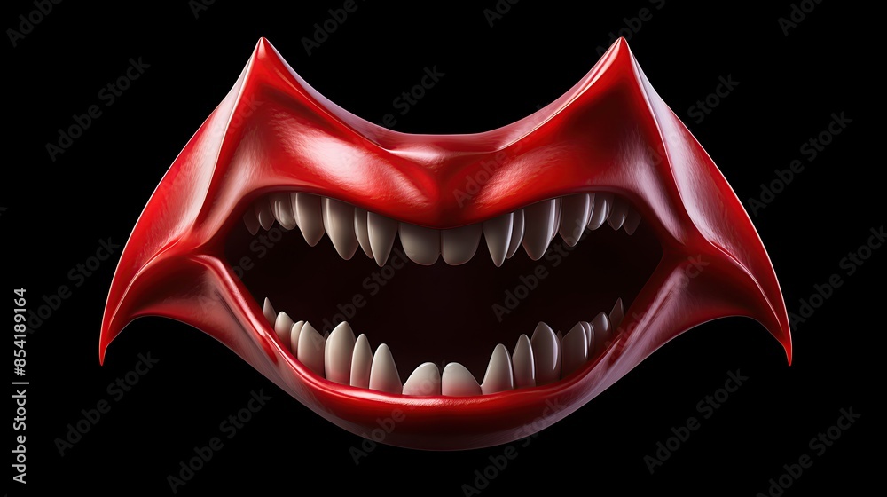 A 3D rendering of a red mouth with sharp white teeth. The mouth is open ...