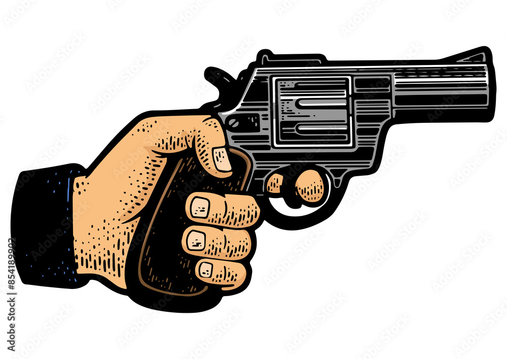 hand threatens with revolver gun pistol color line art sketch engraving ...