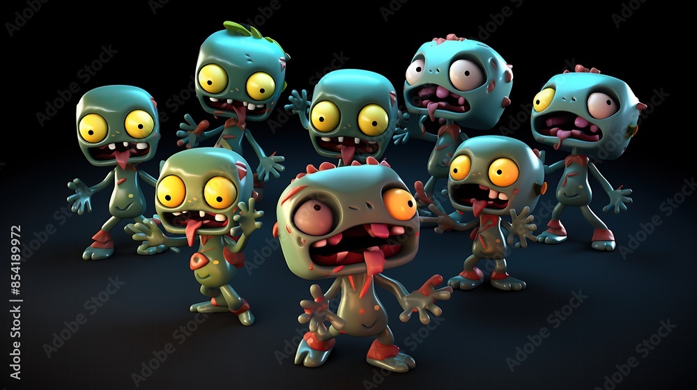 3D rendering of a group of funny cartoon zombies. The zombies are all ...
