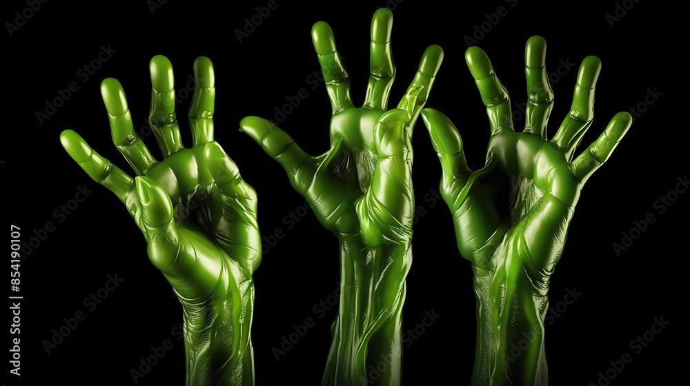 3D illustration of a green translucent alien hand reaching out from the ...