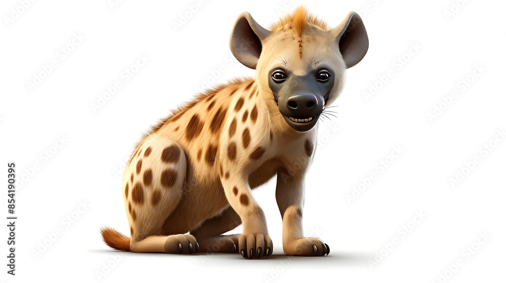 A cute cartoon hyena is sitting on a white background. The hyena has a ...