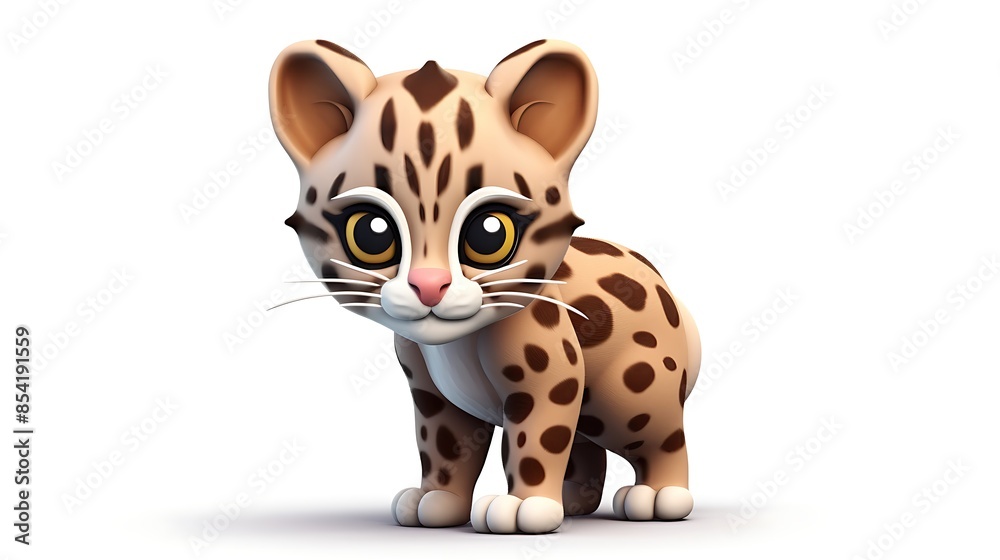 Cute cartoon baby ocelot. It has big eyes, a pink nose, and a spotted ...