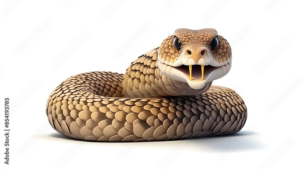 A 3D rendering of a coiled snake with its hood flared and fangs bared ...