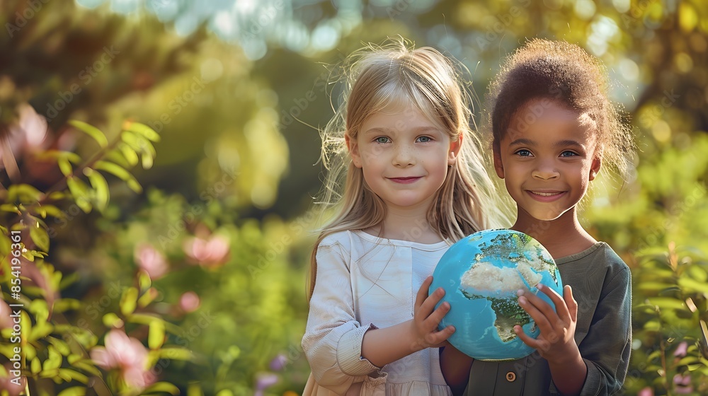 Children holding planet Earth over a defocused nature background with ...