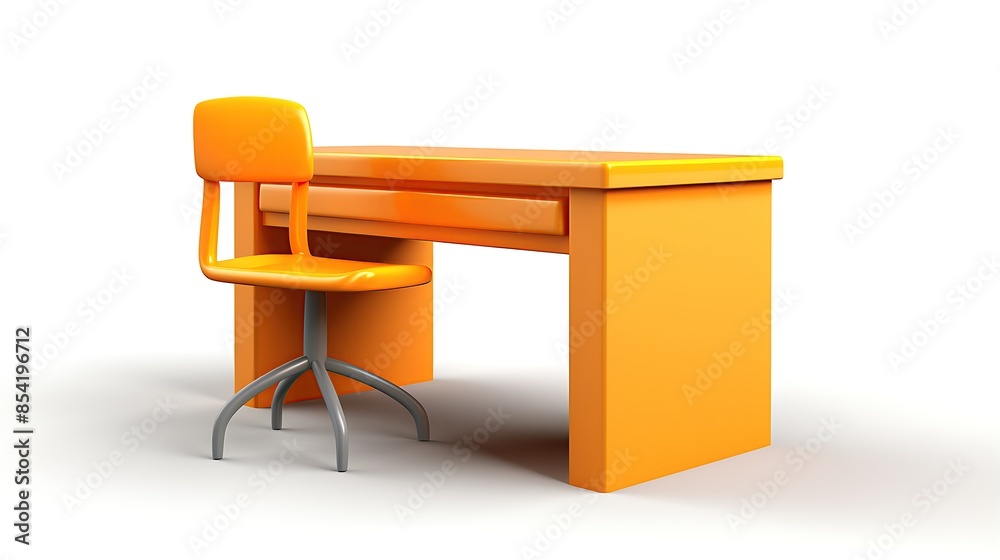 A simple orange desk and chair. The chair is on the left side of the ...