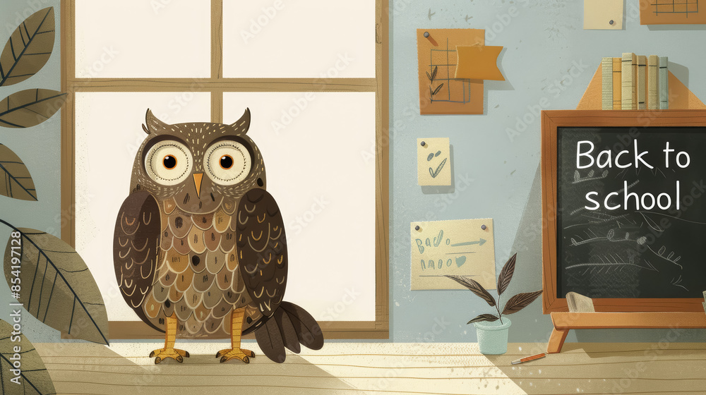 Strict owl teacher sitting in front of class next to blackboard with ...