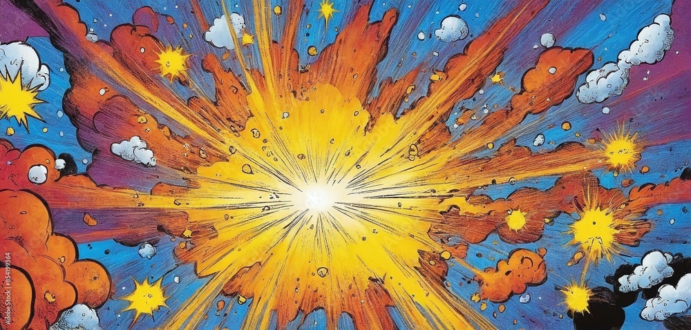 Cartoon-style explosion in pop art and comic style that shoots outwards ...