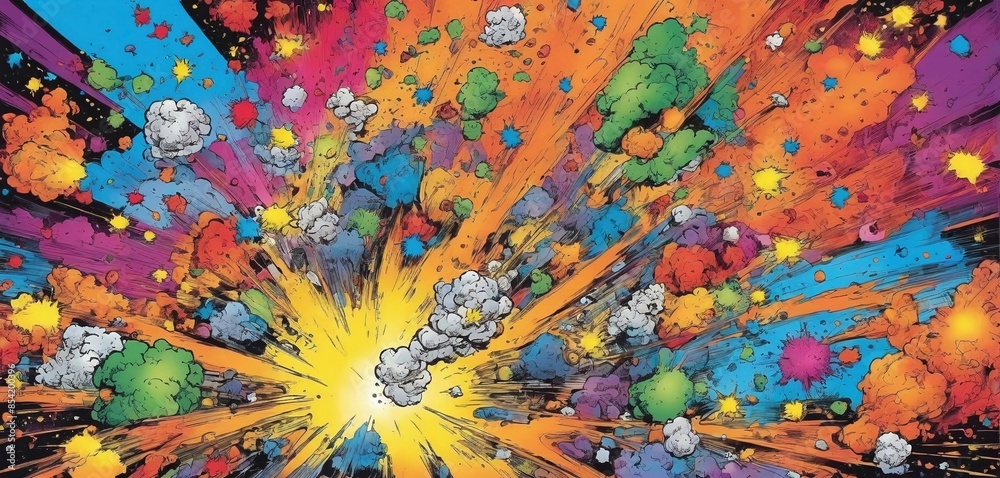 Cartoon-style explosion in pop art and comic style that shoots outwards ...