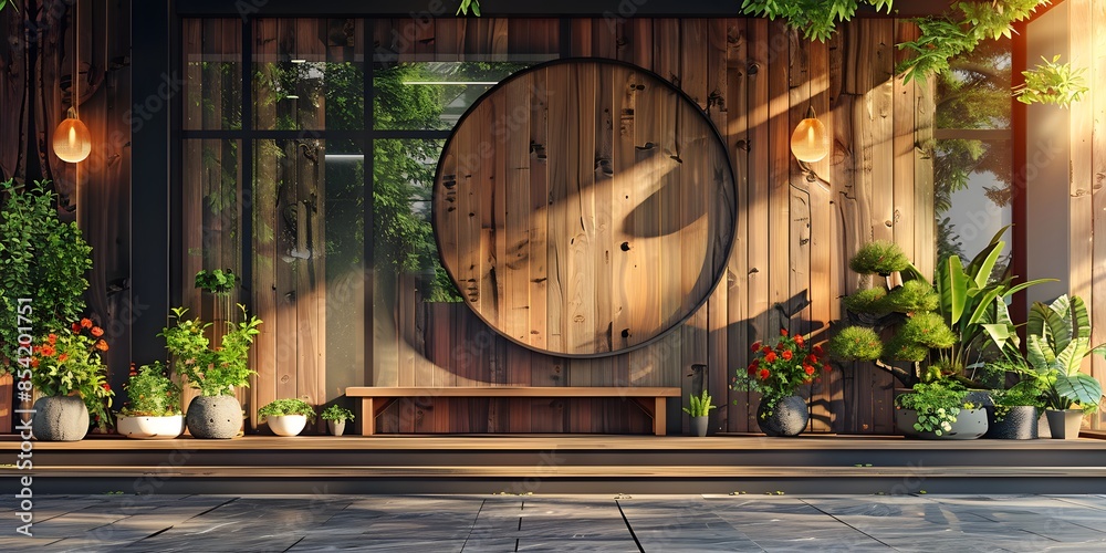 a circular of wooden wall hosts mockup signboard, wall hosts a circular ...