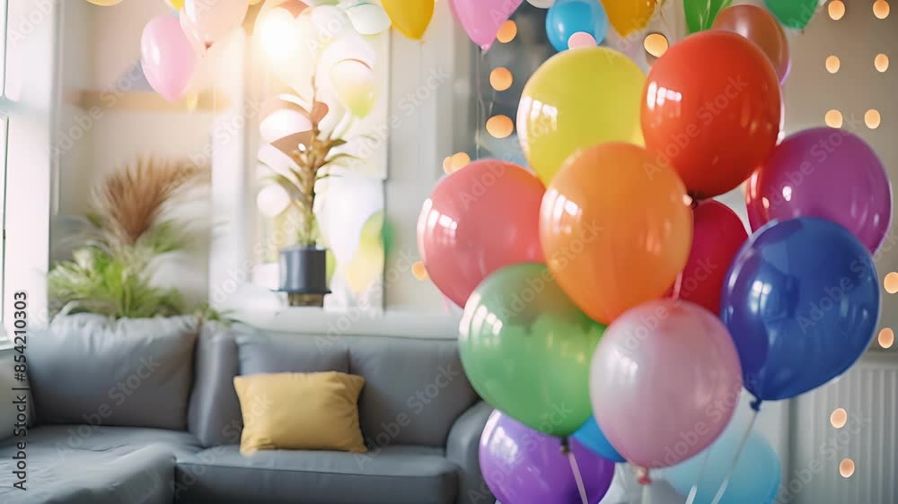 Soft focus on a rainbow of helium balloons floating in the corner of ...
