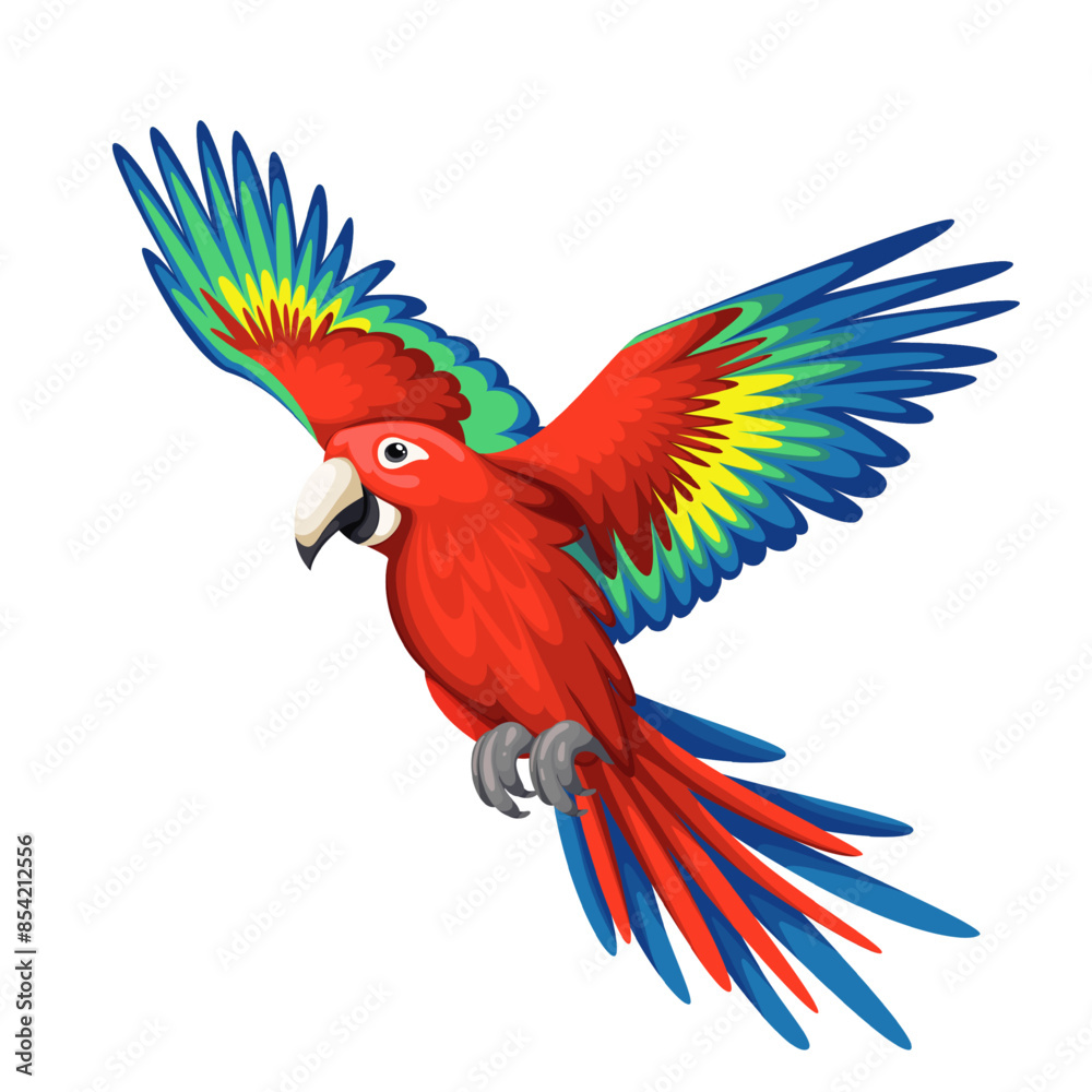 Scarlet macaw flying, cartoon bird of tropical jungle. Big yellow, red ...