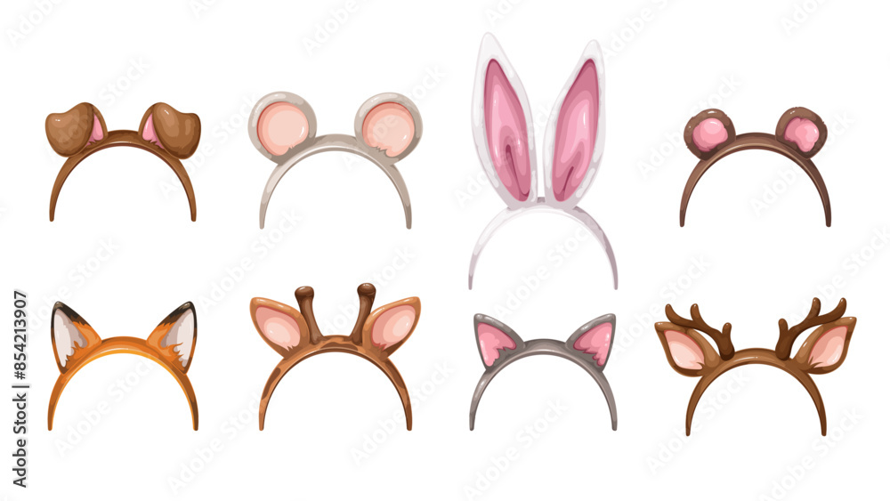 Vetor de Cute headband set with cartoon ears and antlers of animals ...