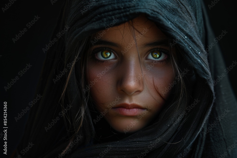 This delightful portrait shows a little girl wearing a black and green ...