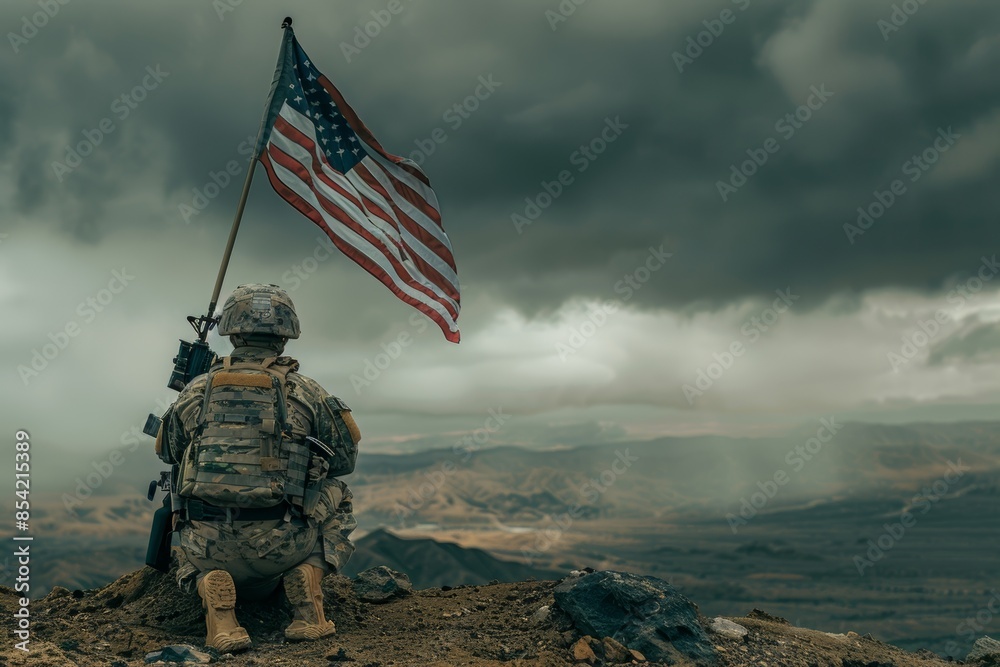 This is a concept artwork that shows a soldier in front of an American ...