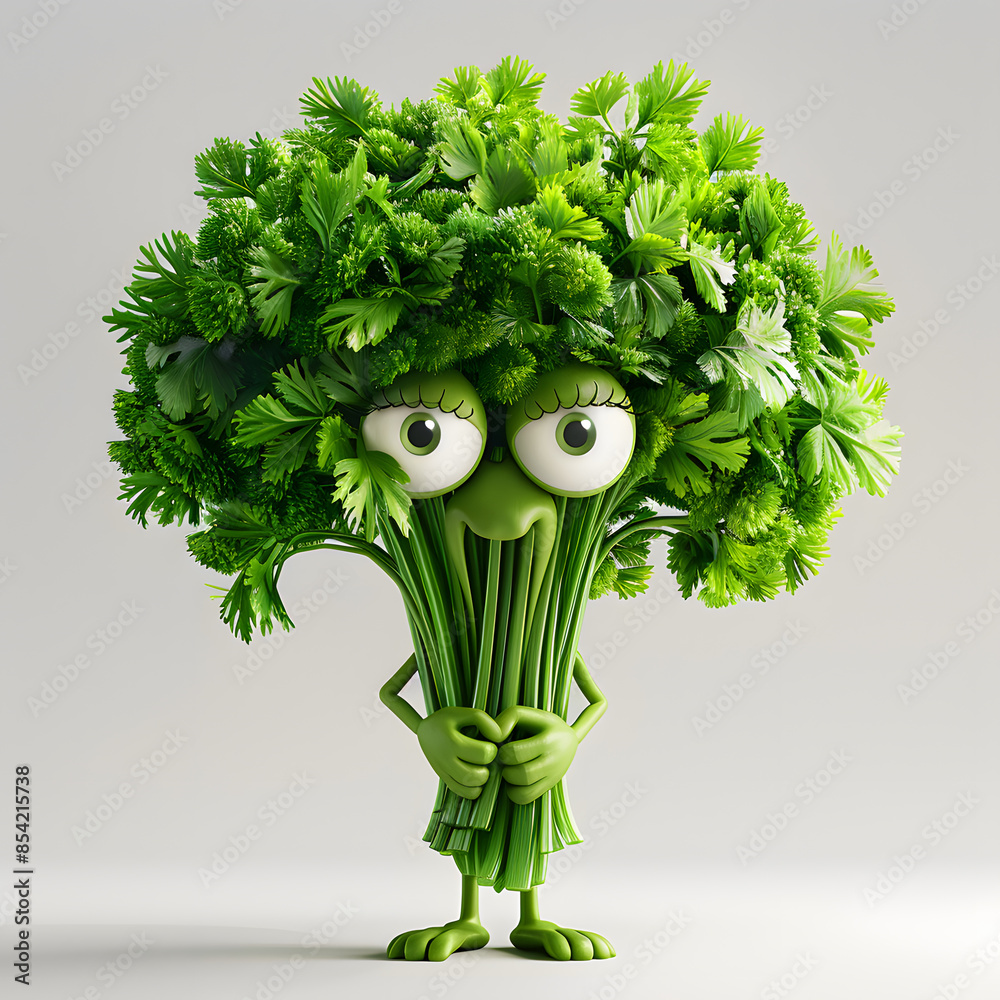 Funny cute bunch of green parsley with hands and eyes, 3d illustration ...