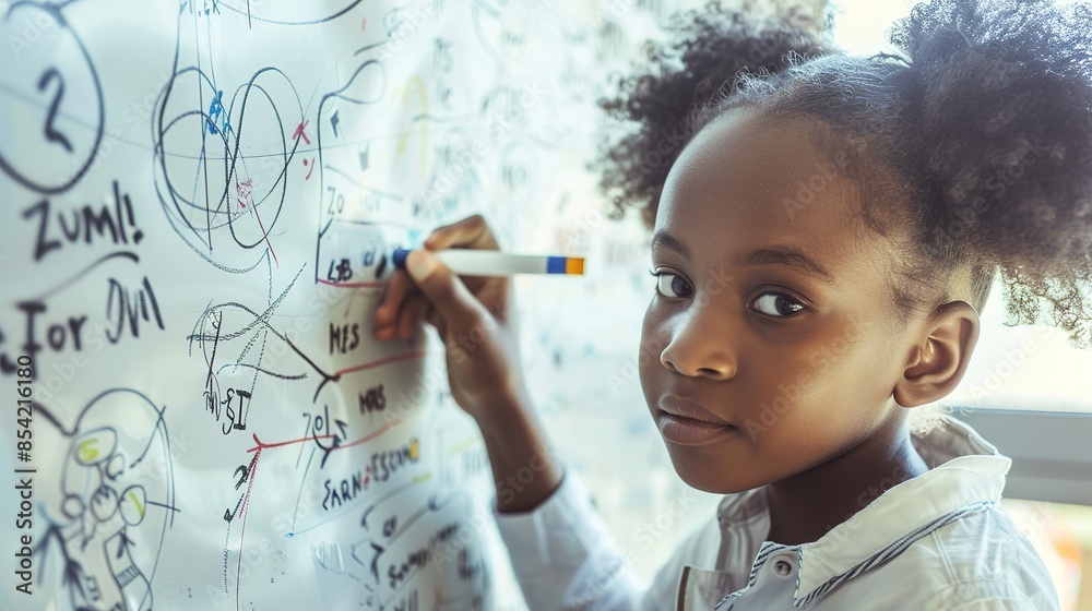 Portrait of african girl writing solution of sums on white board at ...
