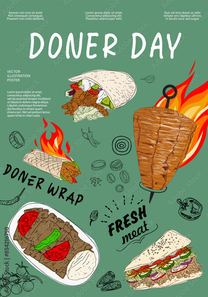 Doner kebab Hand drawn vector illustration. Making doner kebab and ...