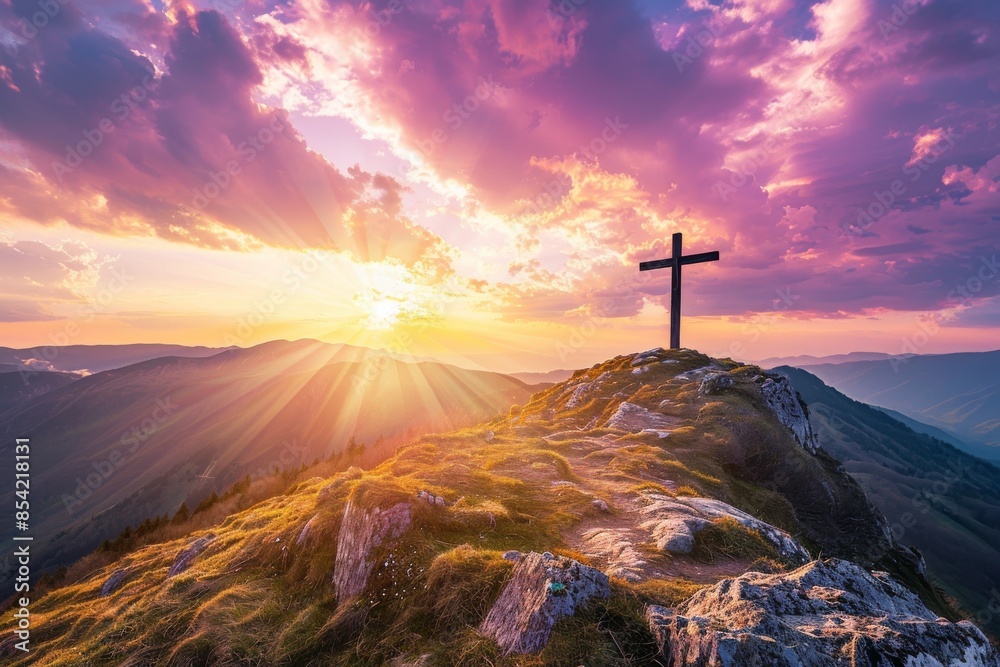 This peaceful jesus christ cross on calvary sunset background concept ...