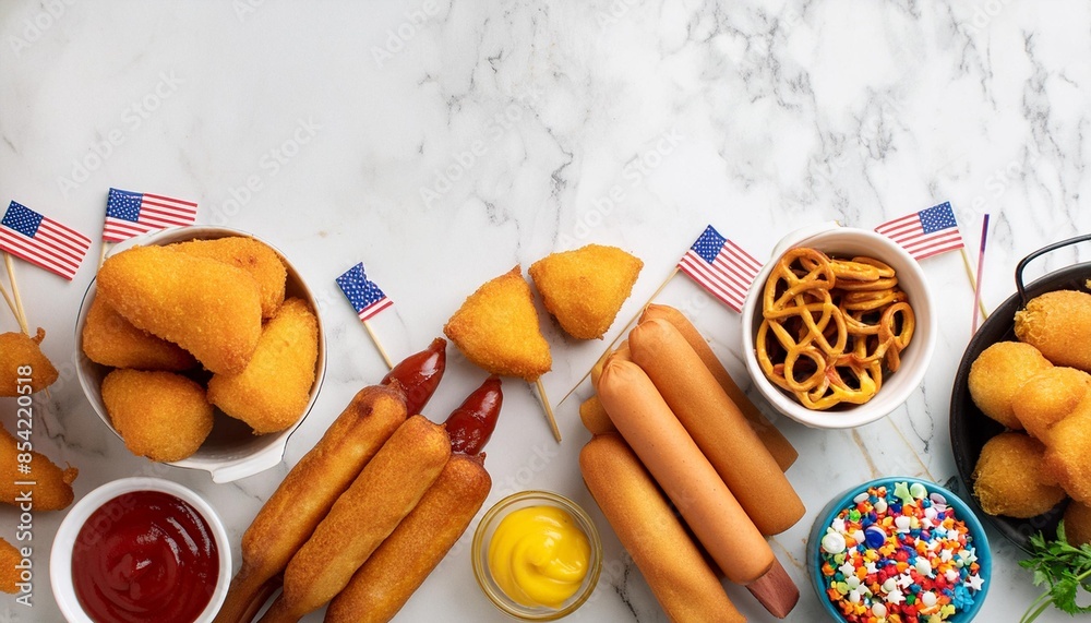 carnival theme food bottom border on a white marble background top view ...