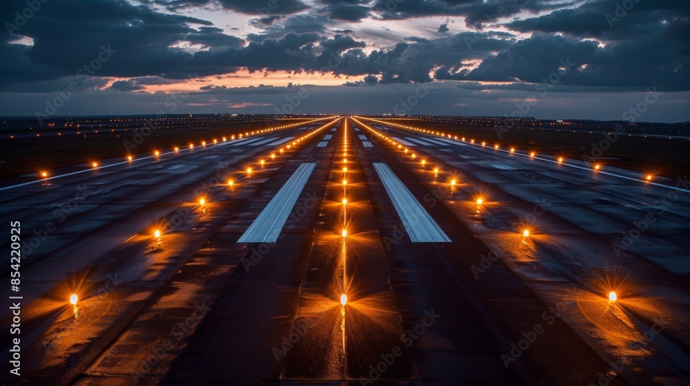 Produce an overhead view of airport runway lighting systems, with ...
