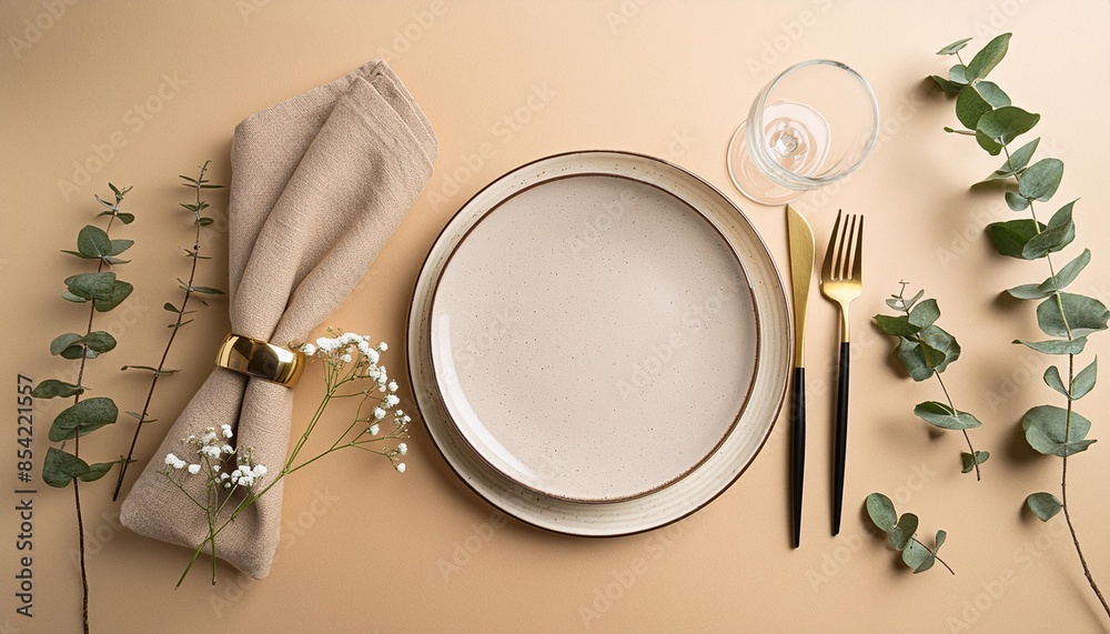 table setting concept top view photo of circle plate cutlery knife fork ...