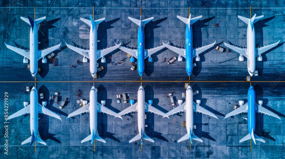 Create a birds-eye view of a runway at an airport, with planes taxiing ...