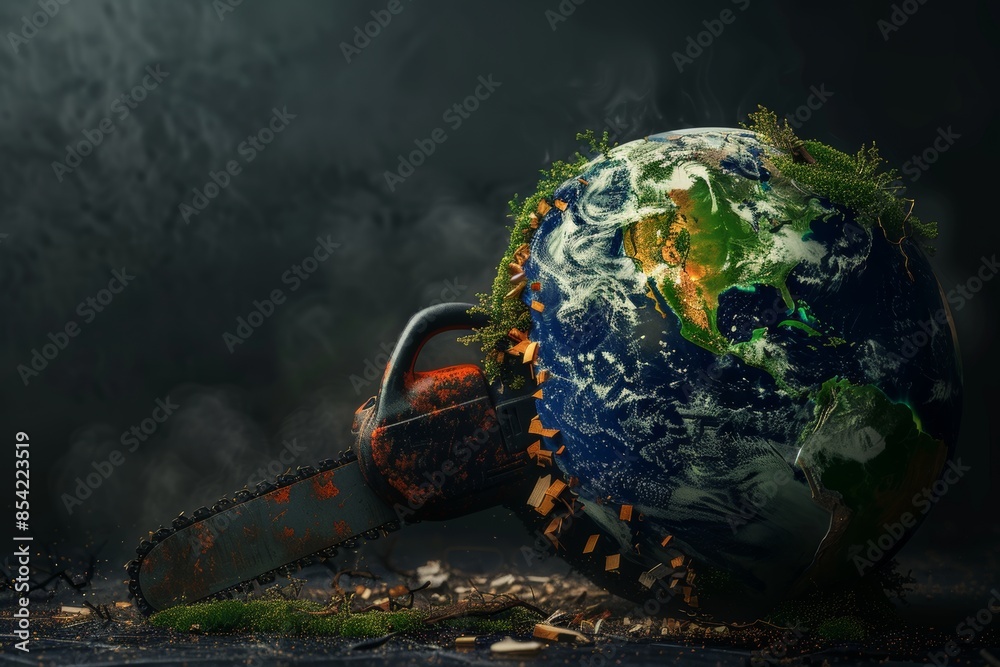 Demolition of trees on a broken earth by a chainsaw solid color ...