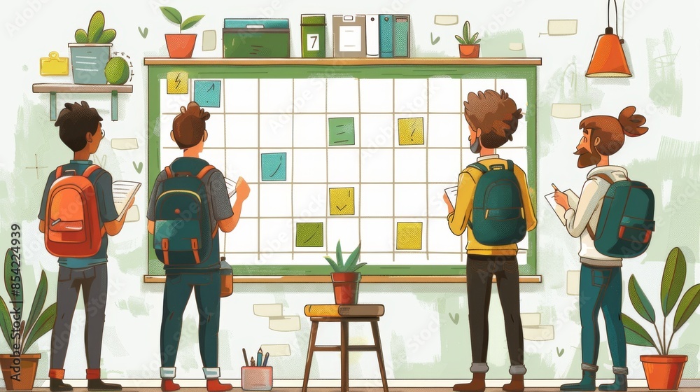 In this modern illustration, a whiteboard displays schedule plans, work ...