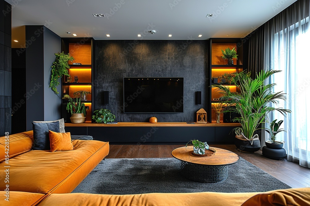 Simple modern home interior with dark walls in living room, latest ...