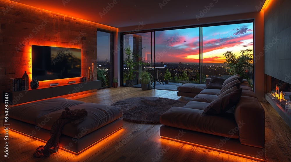 Design a contemporary living room with a minimalist sofa, a sleek OLED ...