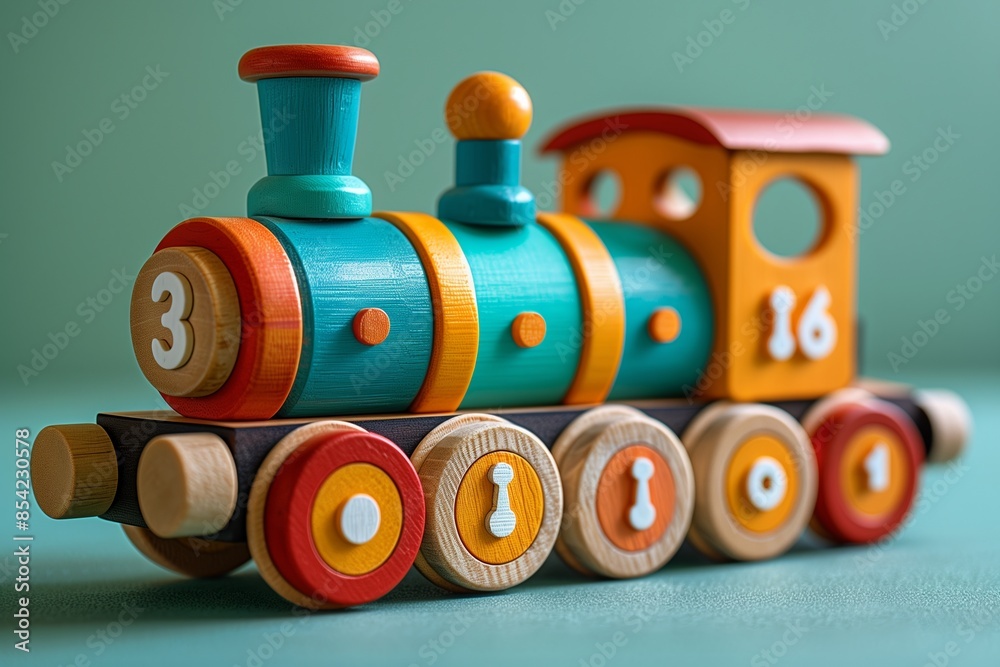 Wooden Number Train Toy on Pastel Green Background for Early Learning ...