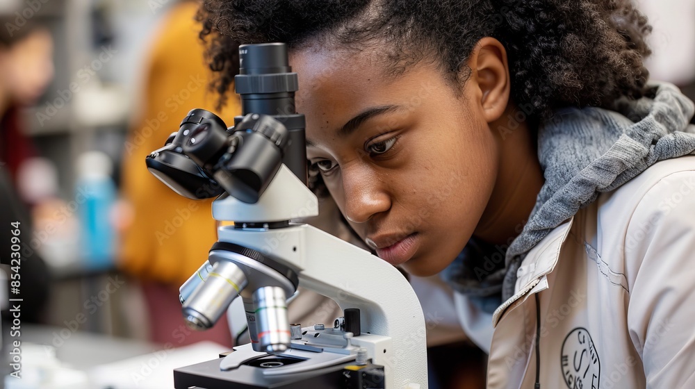 College students use a microscope in a science lab. A focused student ...