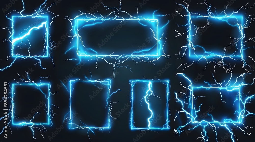 Lightning frames, blue electric borders of rectangular and square ...