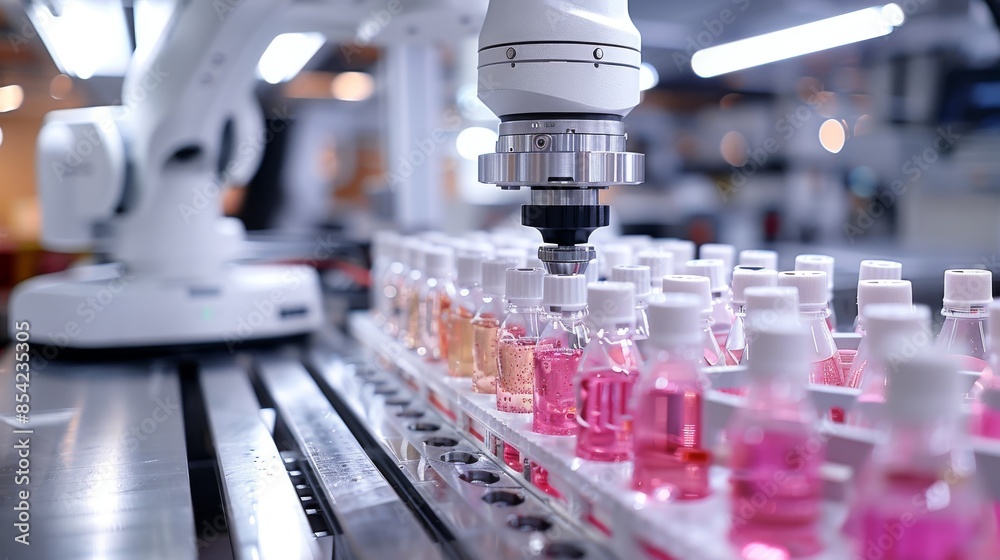 Automated robotic arms handling the meticulous production of bottled ...