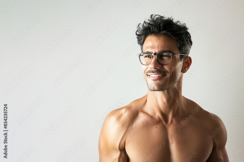Foto de 40s handsome latino man, he is shirtless wearing glasses in ...